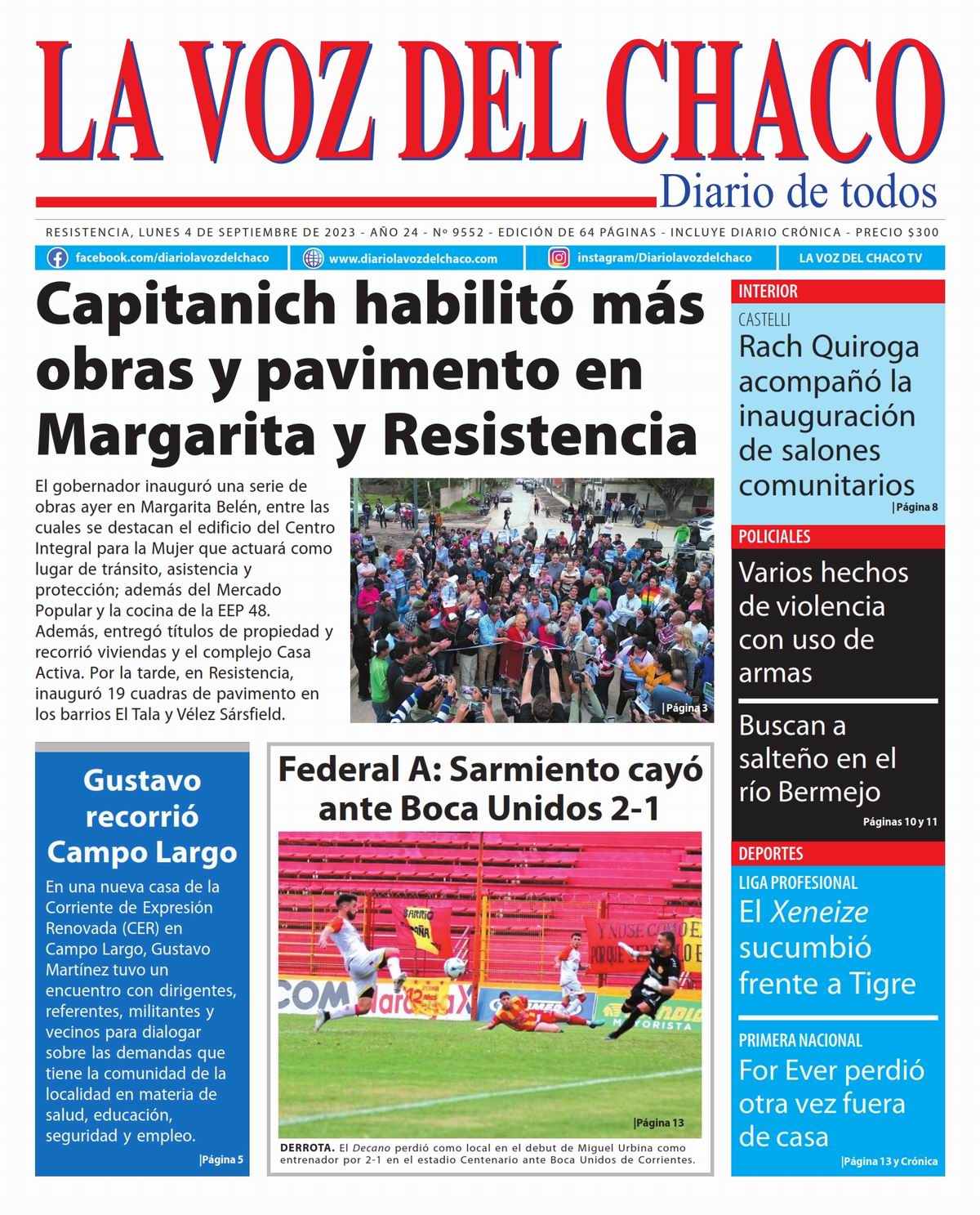 Tapa y Contratapa 4 de septiembre de 2023 - Diario La Voz del Chaco