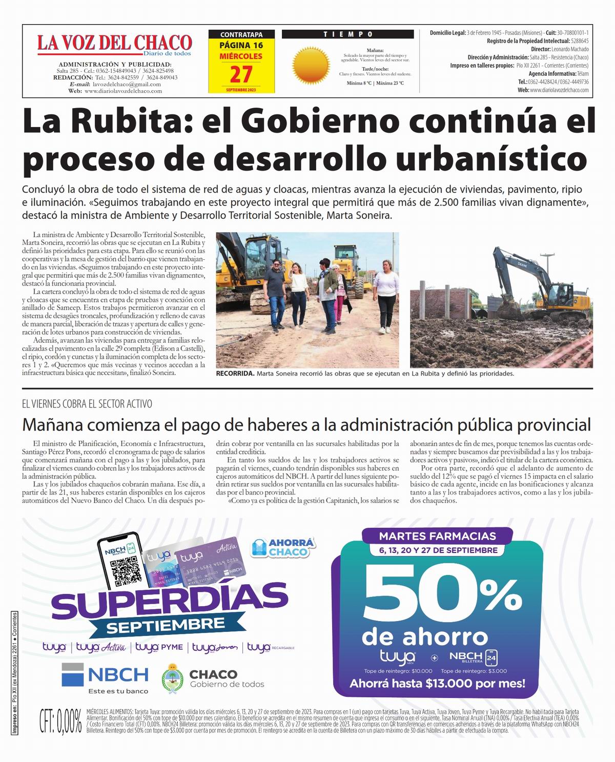 Tapa y Contratapa 27 de septiembre de 2023 - Diario La Voz del Chaco
