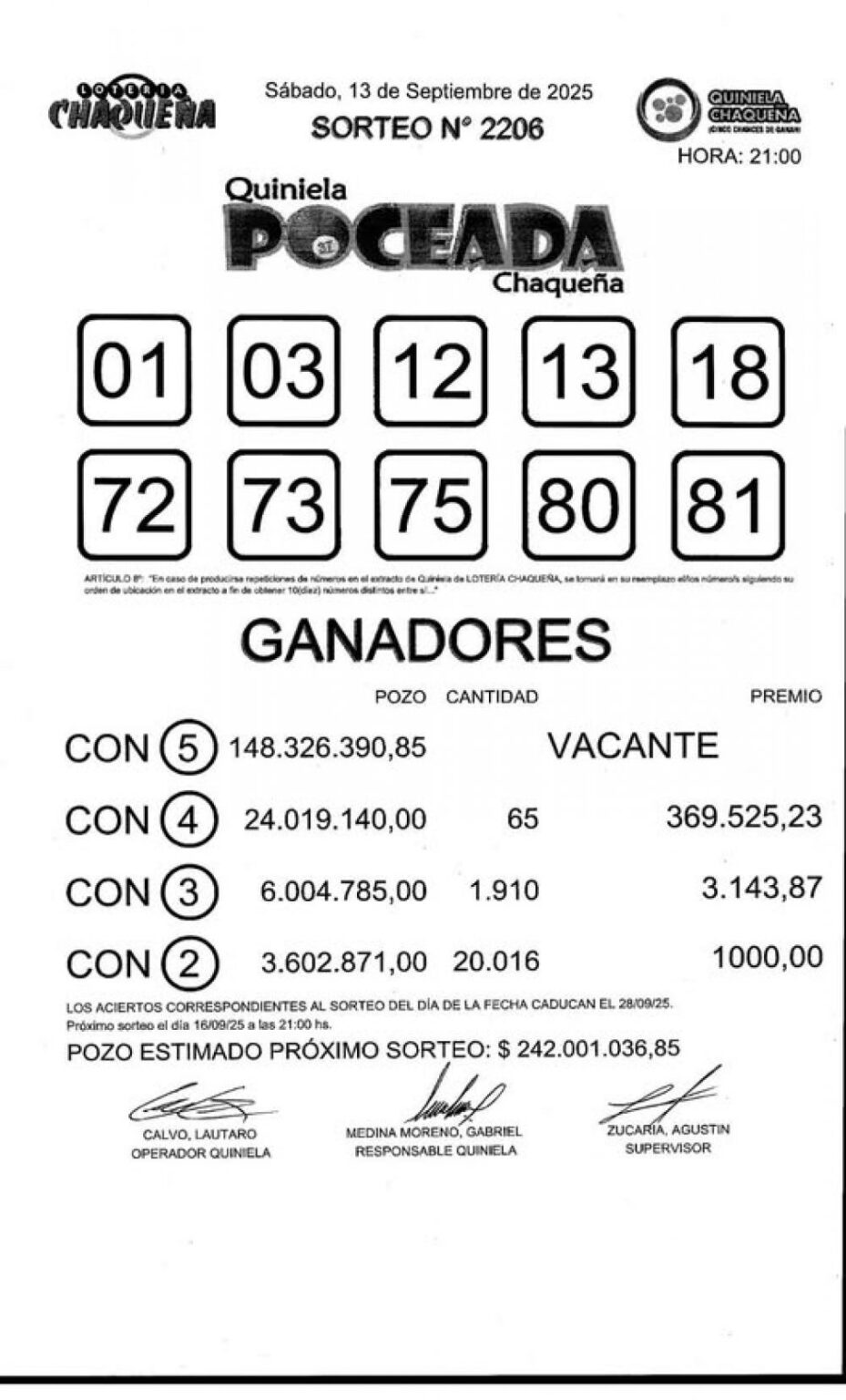 La Poceada chaqueña quedó vacante y sumó un pozo de $242 millones ...